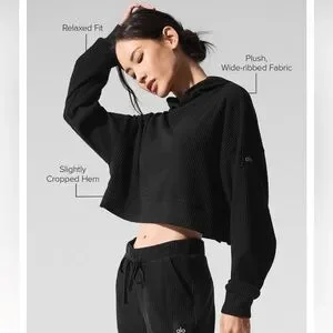 ALO Yoga | Tops | Alo Yoga Muse Ribbed Cropped Black Hoodie Logo Sleeve ...